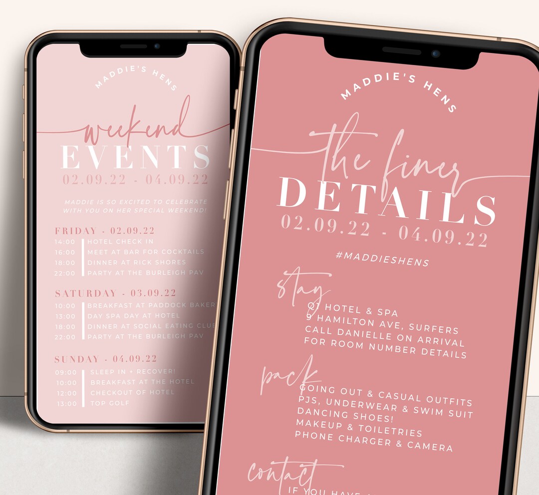 BRIBIE Pink Digital Hens Weekend Events Itinerary Template - Etsy