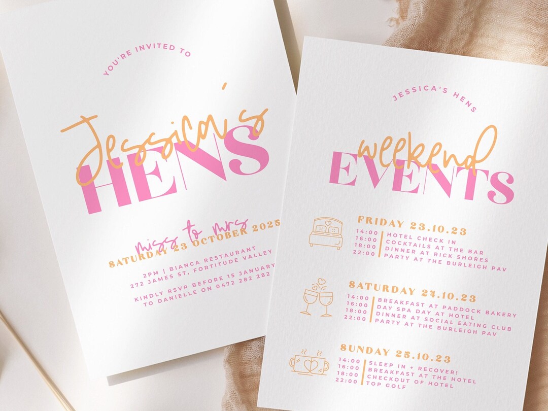 LANA Pink Orange Modern Hens Weekend Events Invitation | Instant ...
