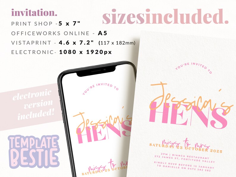 LANA Pink Orange Modern Hens Weekend Events Invitation - Etsy Australia