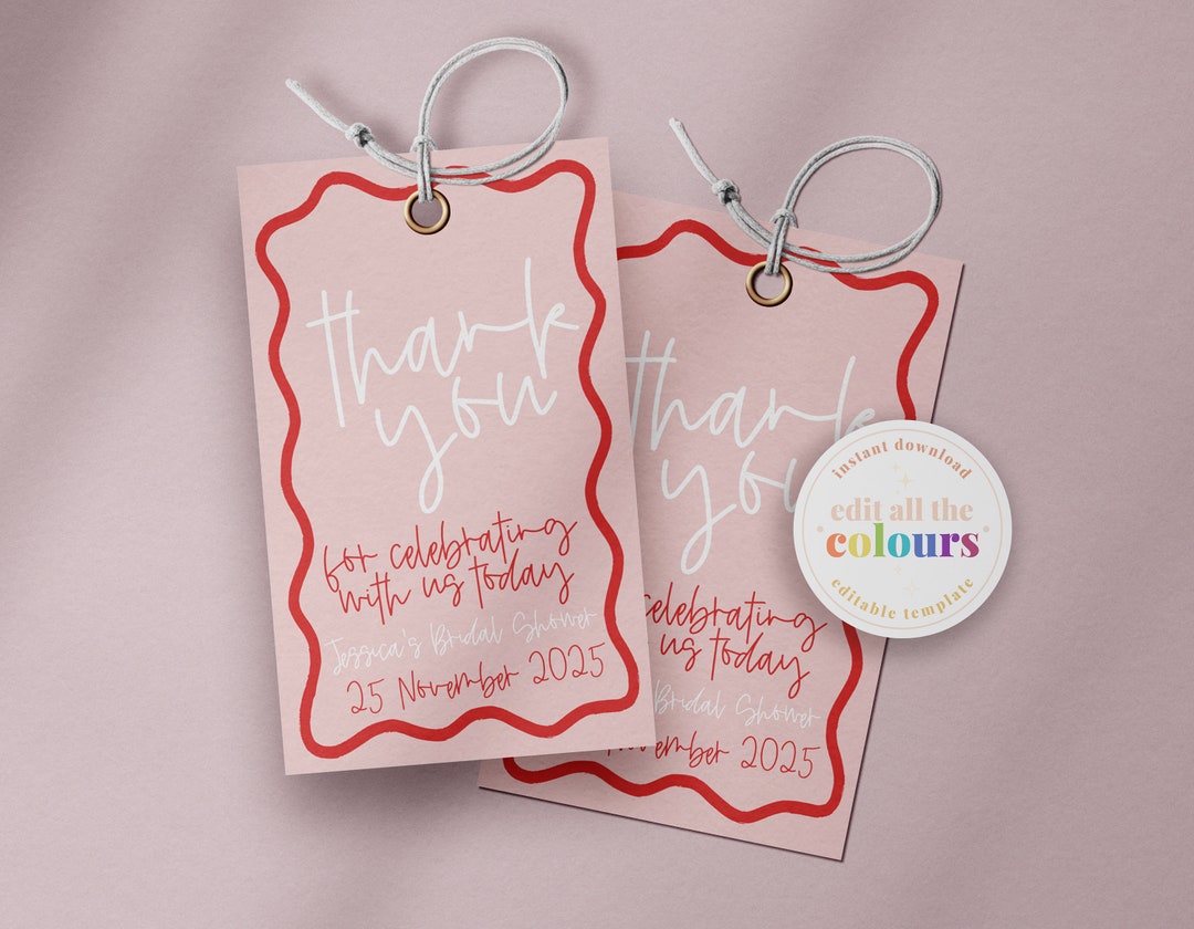 ELENI Pink Red Wavey Thank You Tag Template, Instant Download Editable ...