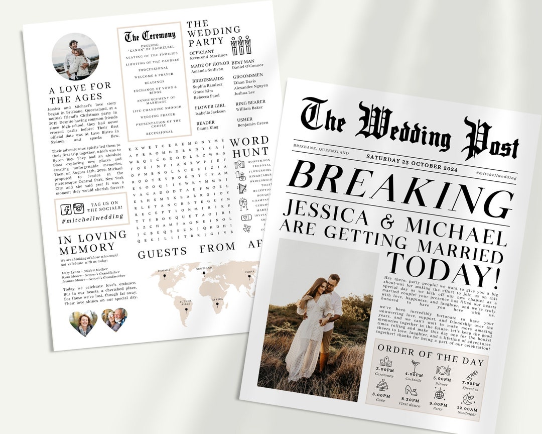Editable Newspaper Wedding Program, Fun Printable Wedding Programs, DIY ...