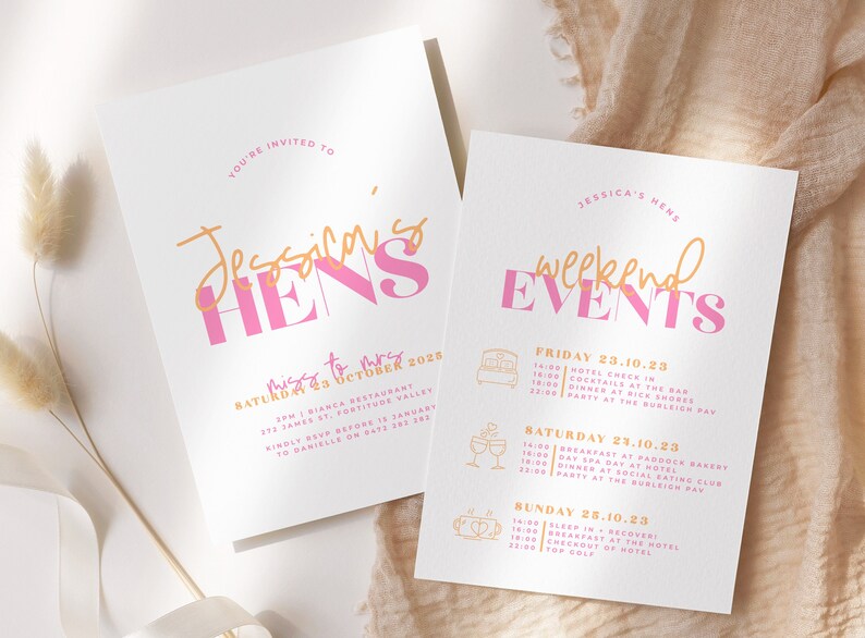 LANA Pink Orange Modern Hens Weekend Events Invitation - Etsy Australia