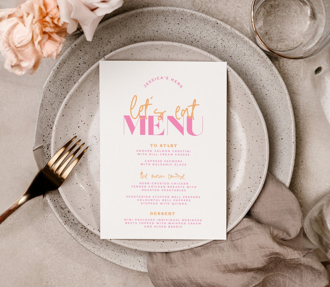 LANA Pink Orange Modern Hens Bridal Shower Menu Template | Instant ...