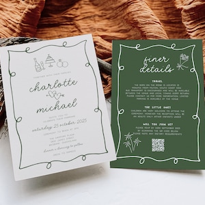 POET Modern Quirky Wedding Invitation Template, Green Hand Drawn Wave ...