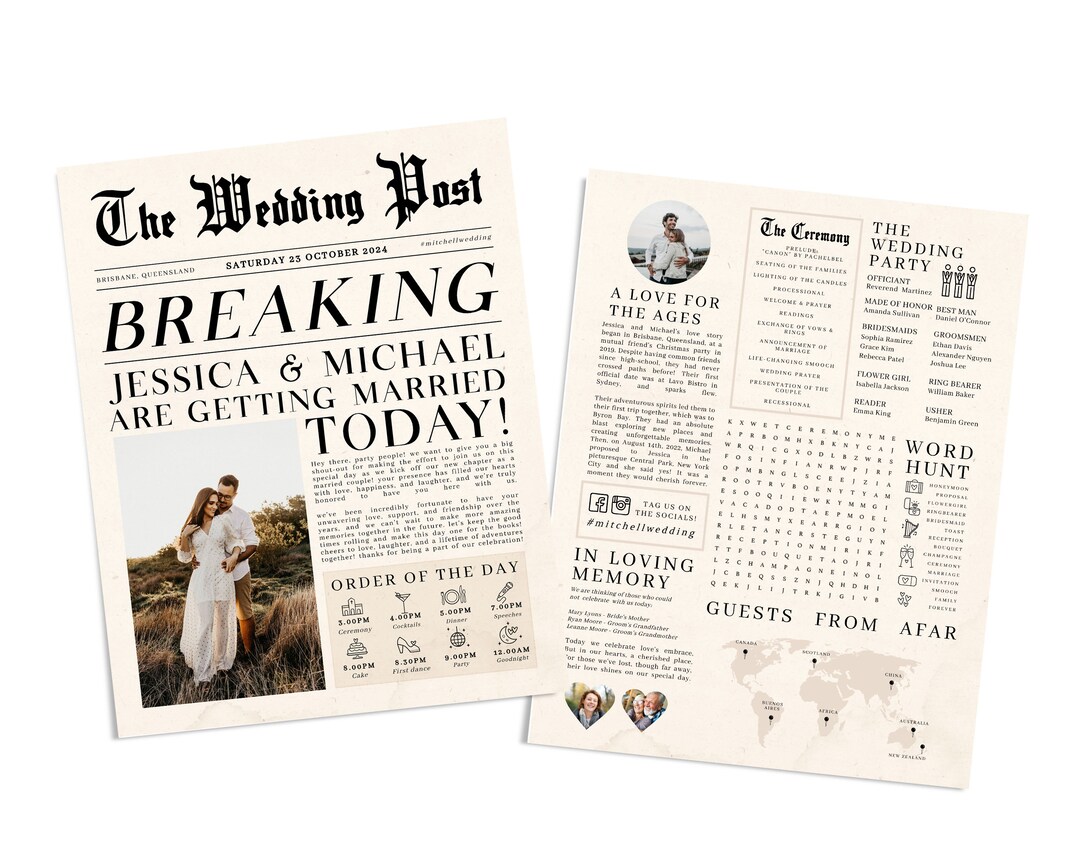 Newspaper Wedding Program Template, Instant Download Editable Wedding ...