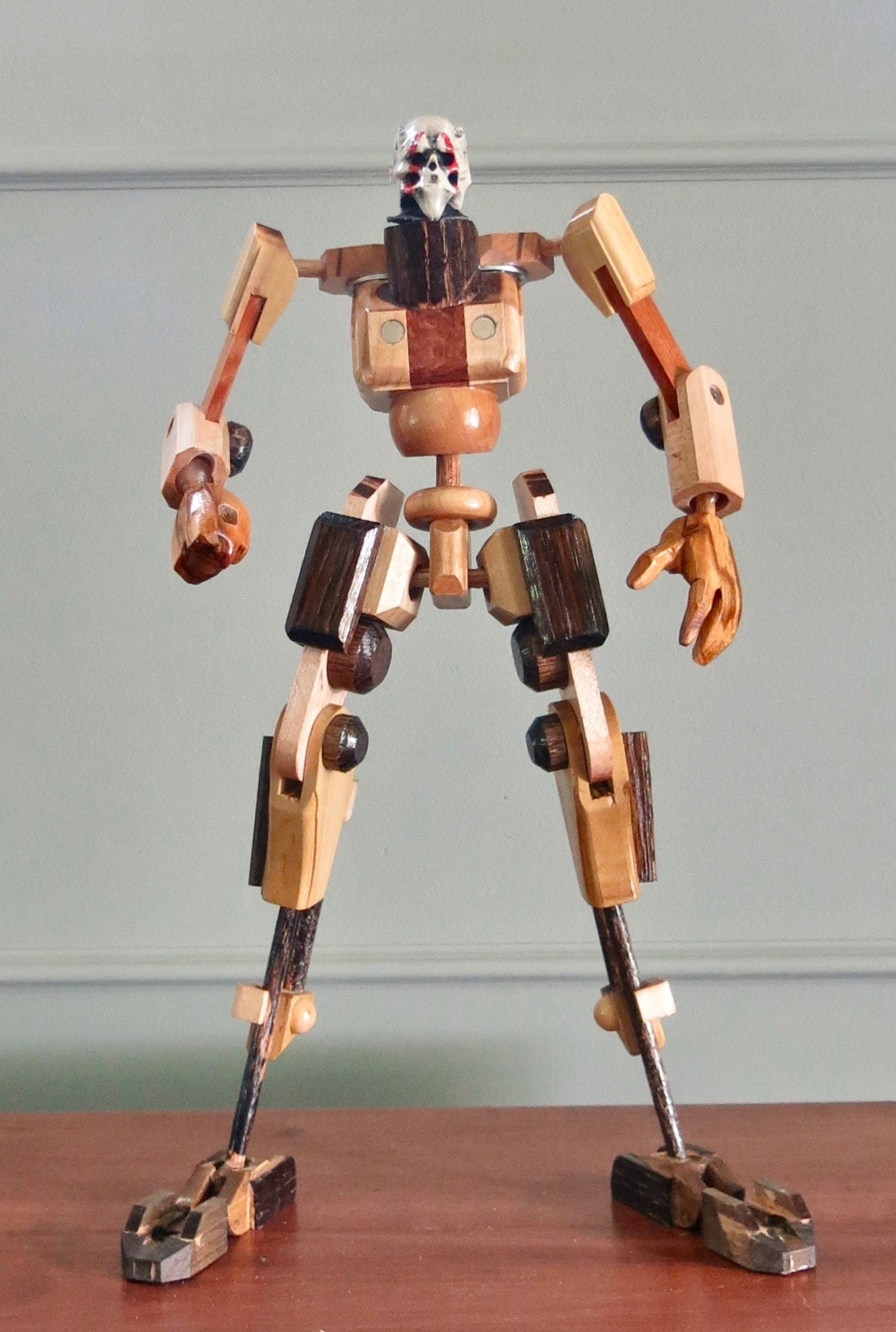Handcrafted Wooden Articulated Action Figure With Porcelain Skull - Etsy