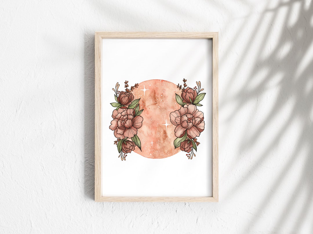 THE FLORENCE MOON Print Watercolour Print Floral Moon Wall Art Bohemian ...
