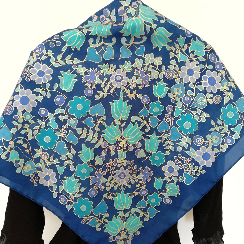 Head Scarf, Hand Painted Blue Square Silk Scarf, Hungarian Design ...