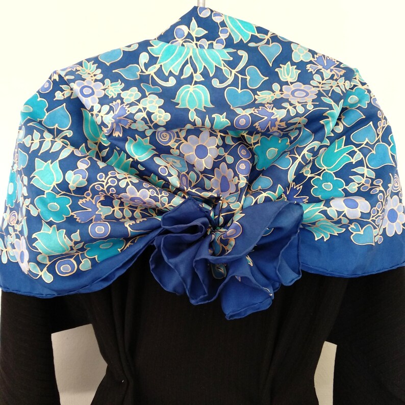 Head Scarf, Hand Painted Blue Square Silk Scarf, Hungarian Design ...