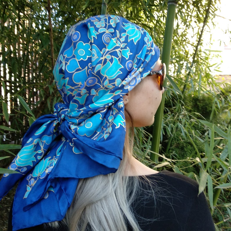 Head Scarf, Hand Painted Blue Square Silk Scarf, Hungarian Design ...