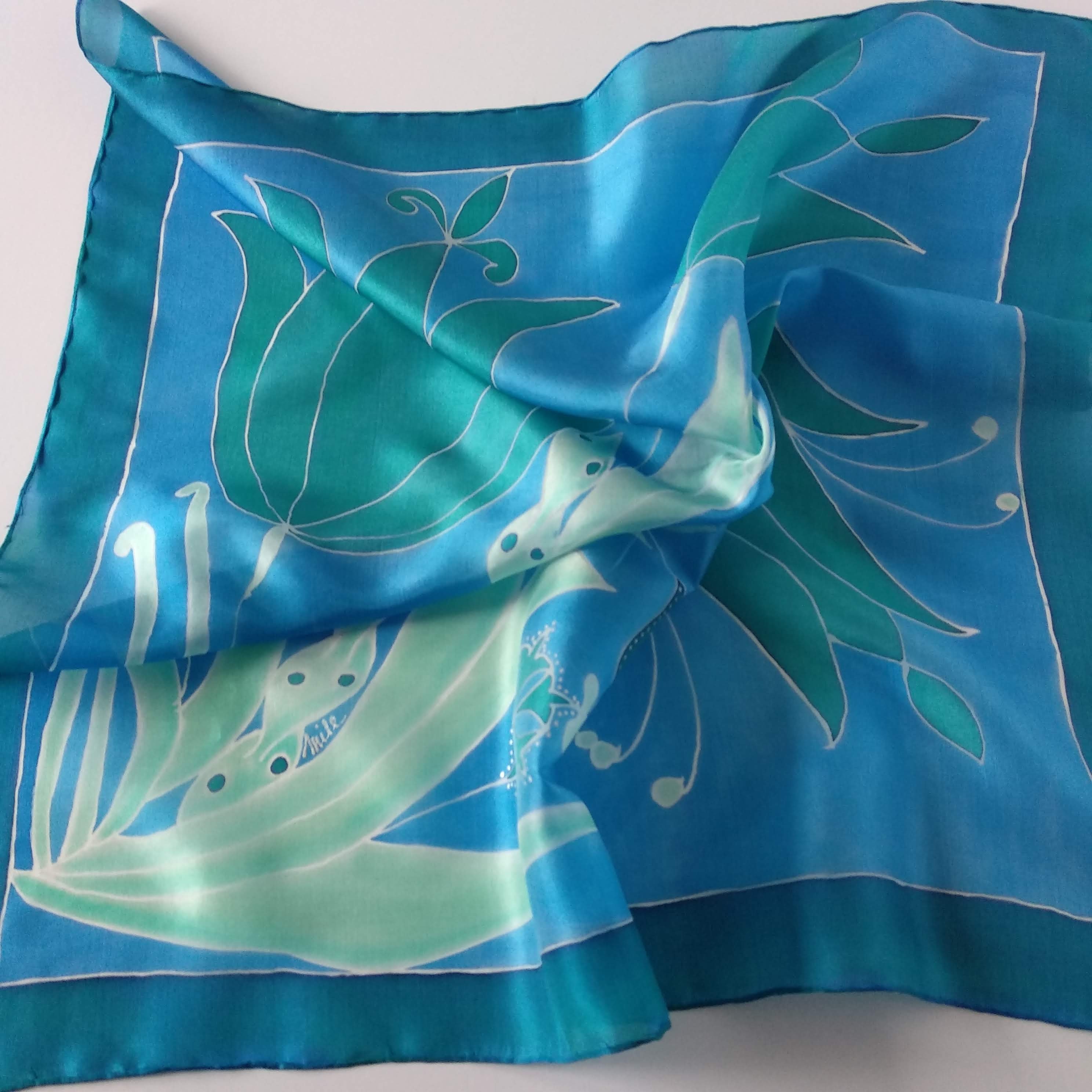 Blue Hand Painted Square Silk Scarf With Turquoise Tulips. Hungarian ...