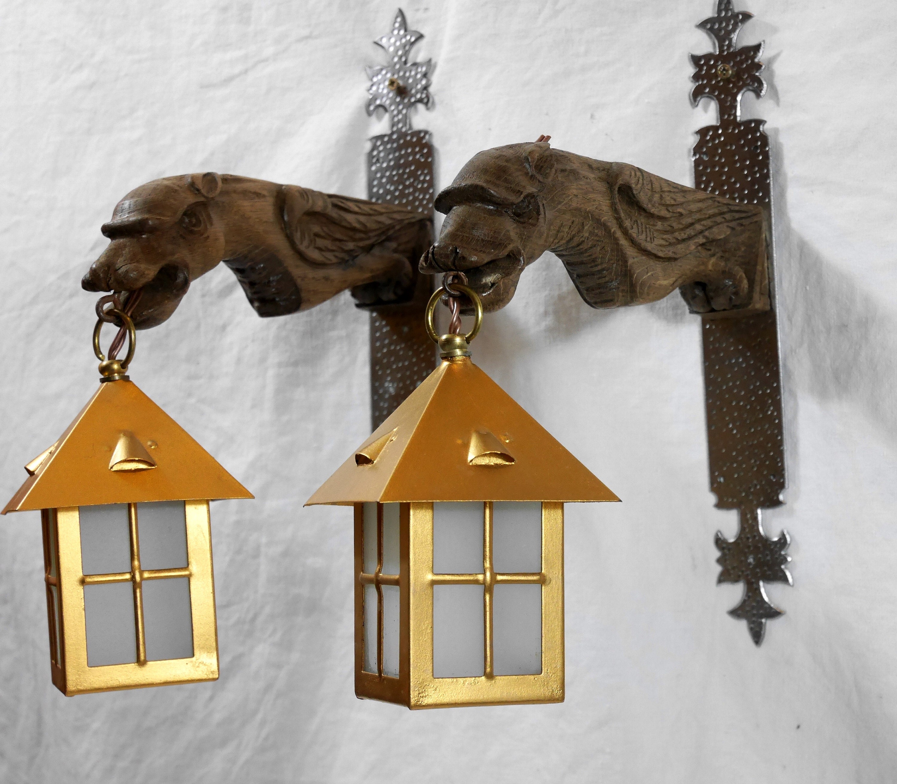 Pair of Wall Lamp Lantern Dragons Gargoyle Medieval Style Lot 2 Old ...