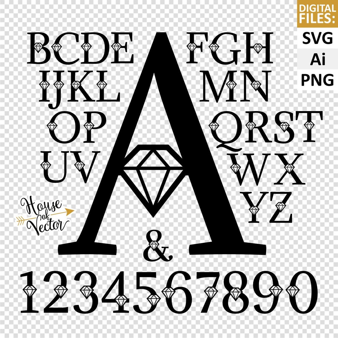 Diamond Alphabet & Numbers SVG Vector Files, PNG File Clipart. Letters ...