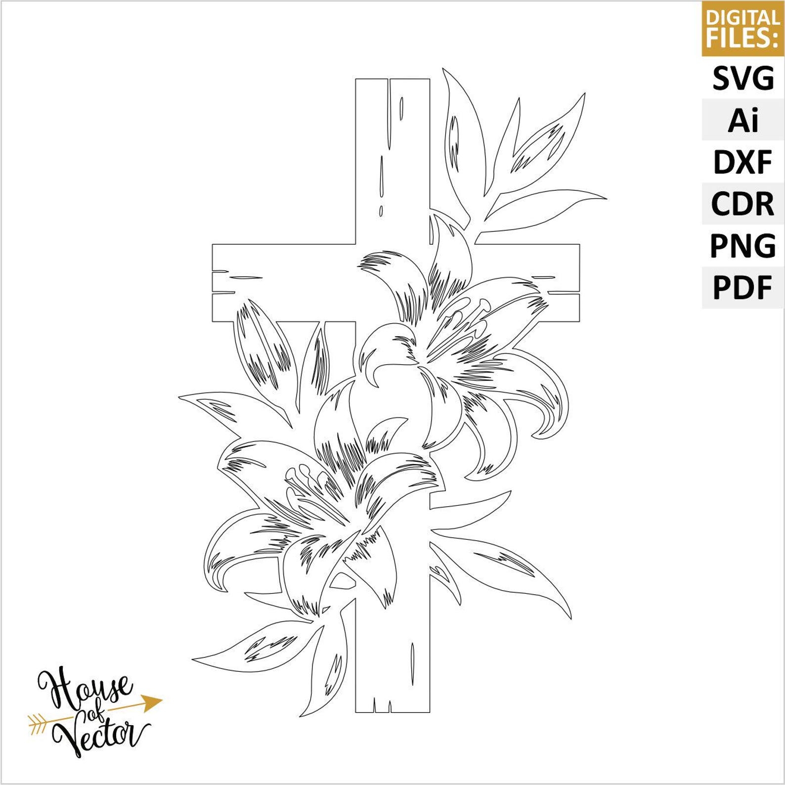 Cross and Lilies Digital Download Files SVG, Ai, DXF, Cdr, PNG, Pdf ...