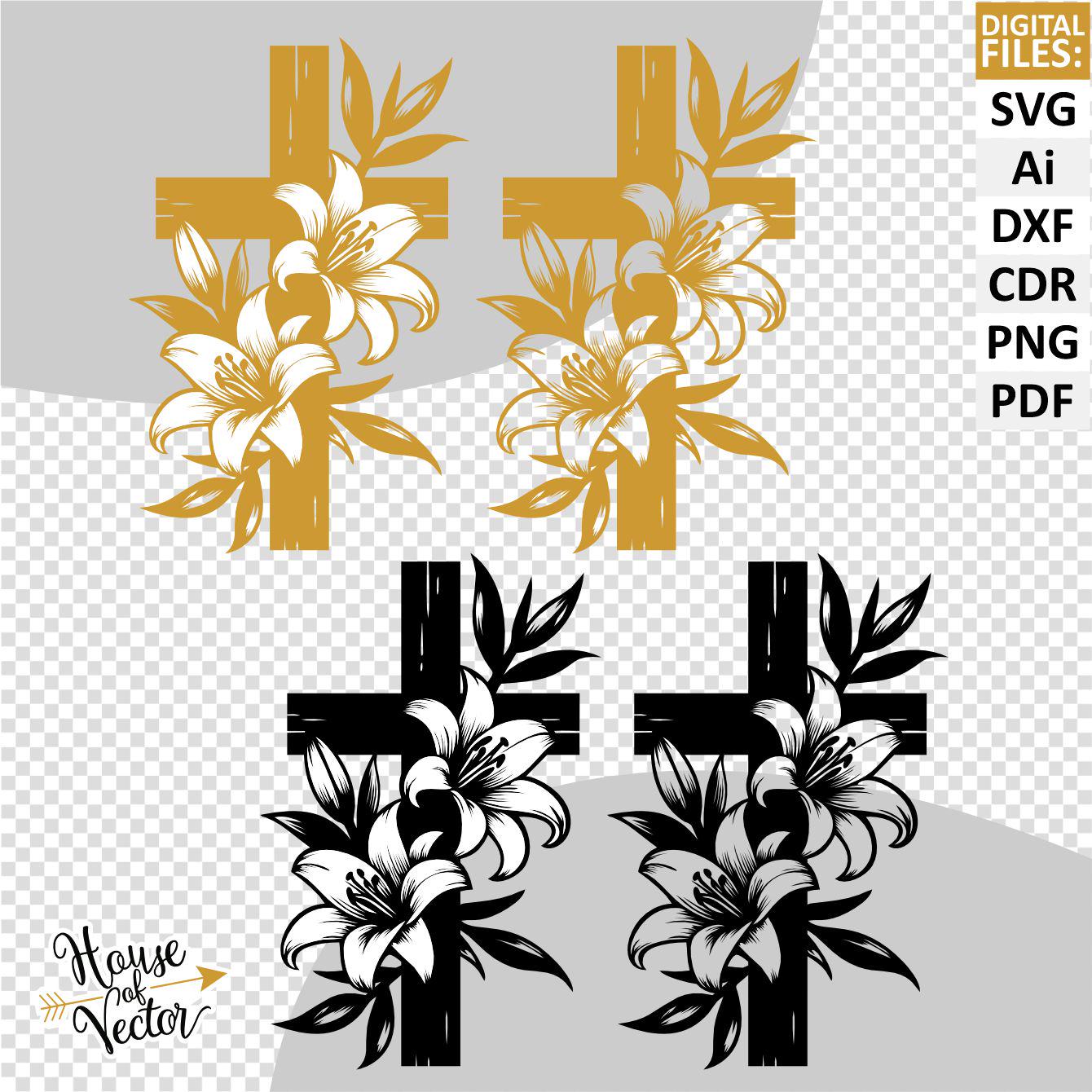 Cross and Lilies Digital Download Files SVG, Ai, DXF, Cdr, PNG, Pdf ...
