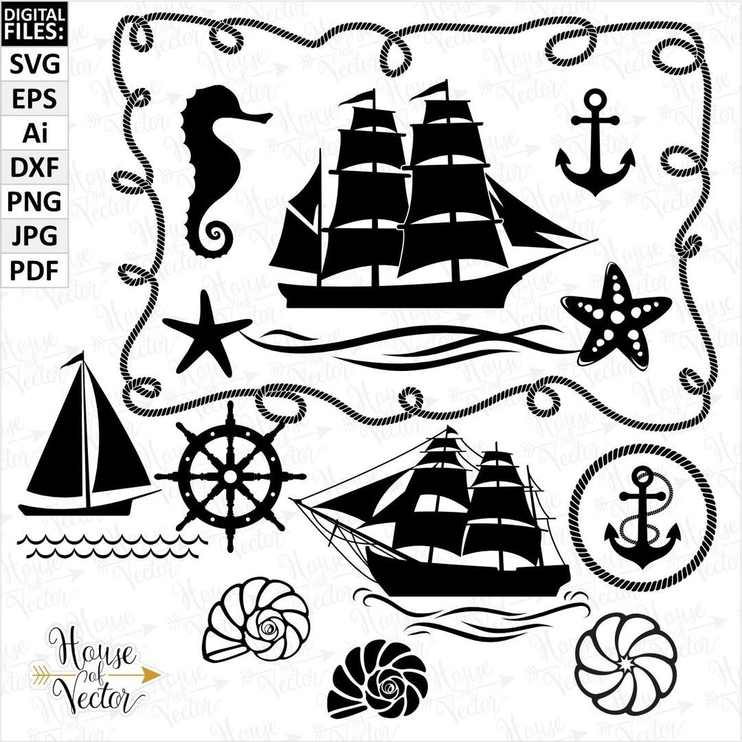 Nautical Clip Art, Ship, Boat, Helm, Anchor, Seahorse, Starfish ...
