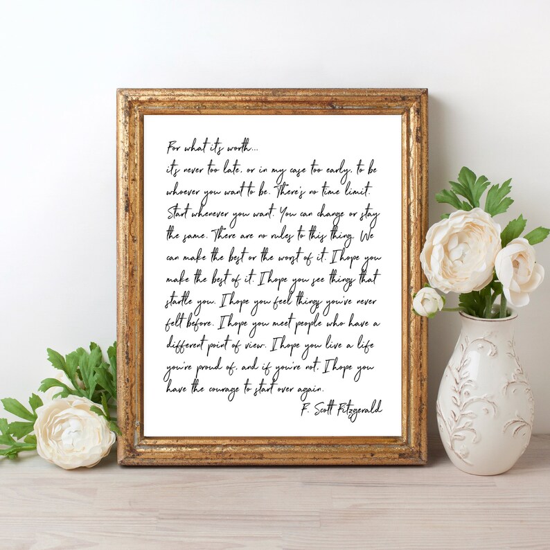Scott Fitzgerald Poem Print for What It's Worth Quote Print Poetry ...