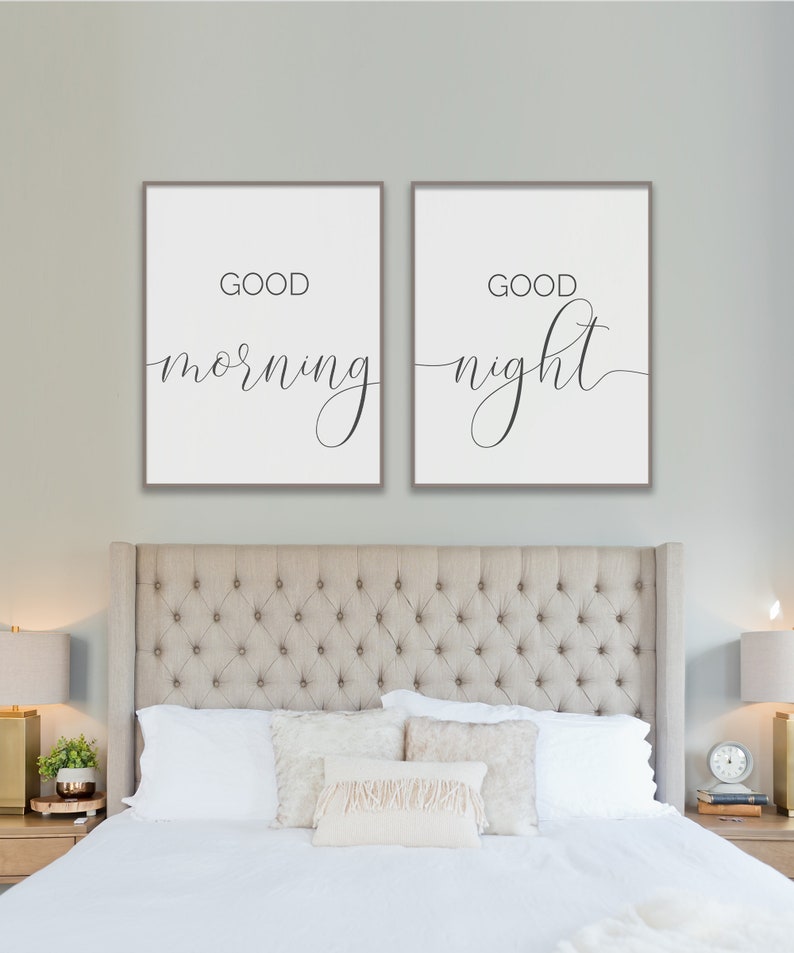 Good Morning Good Night Print, Bedroom Wall Art Diptych, Bedroom Quote ...