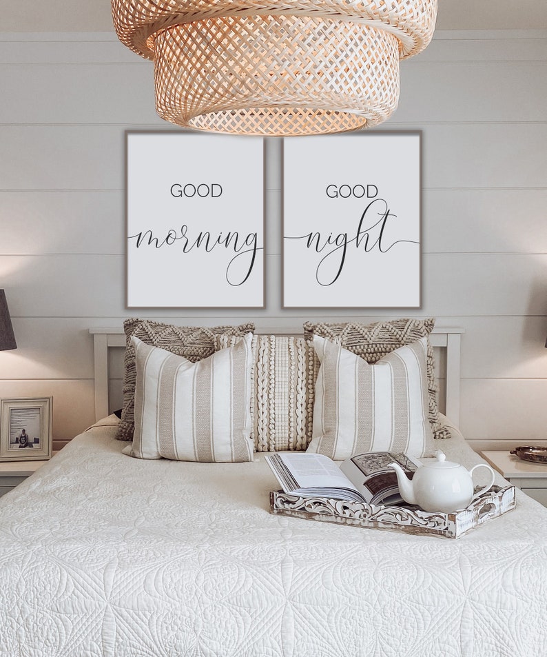 Good Morning Good Night Print, Bedroom Wall Art Diptych, Bedroom Quote ...