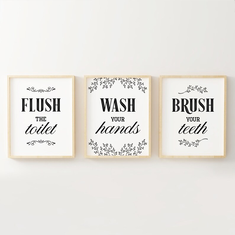 Bathroom Set of 3 Modern Calligraphy Printable Posters Flush | Etsy