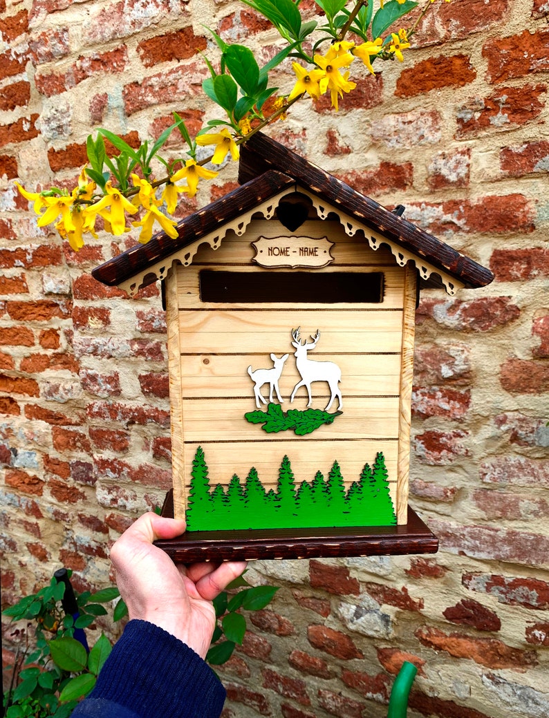 Wooden Mail Box Post, Wooden Mailbox With Deer, Outdoor Mailbox ...