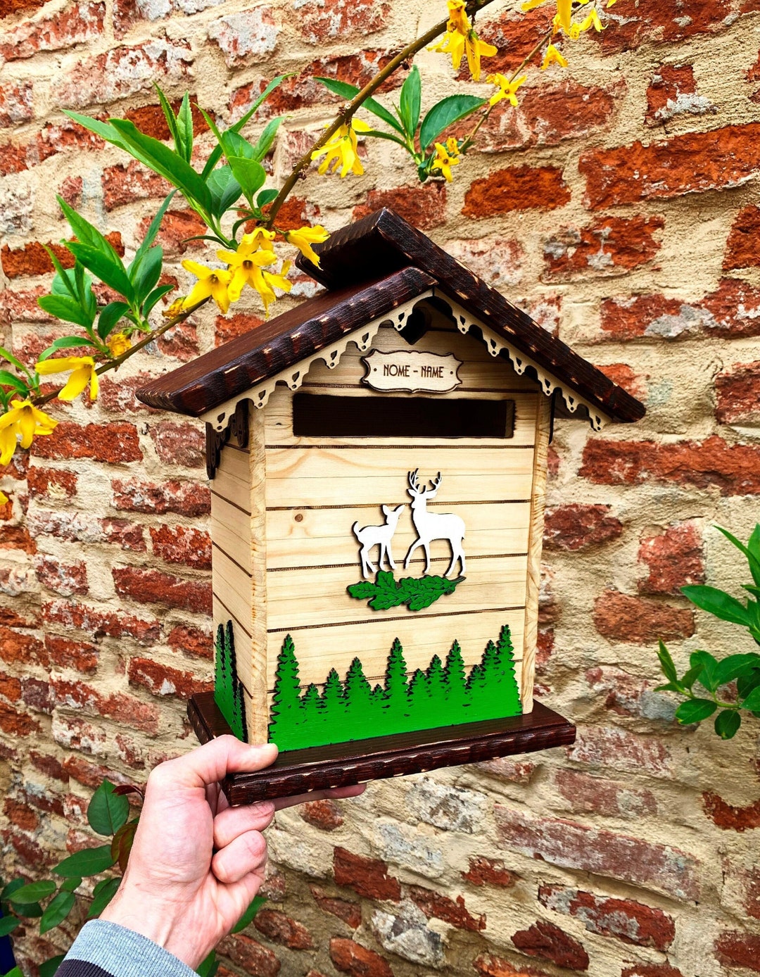 Wooden Mail Box Post, Wooden Mailbox With Deer, Outdoor Mailbox ...