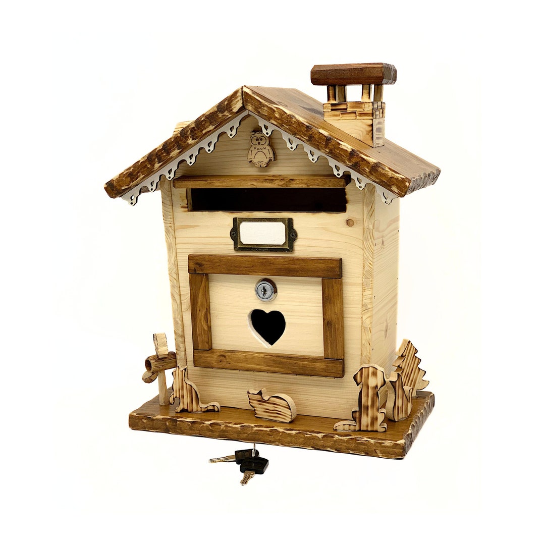 Wooden Mailbox With Dog and Cats, Wood Handmade Mailbox, Letterbox Post ...