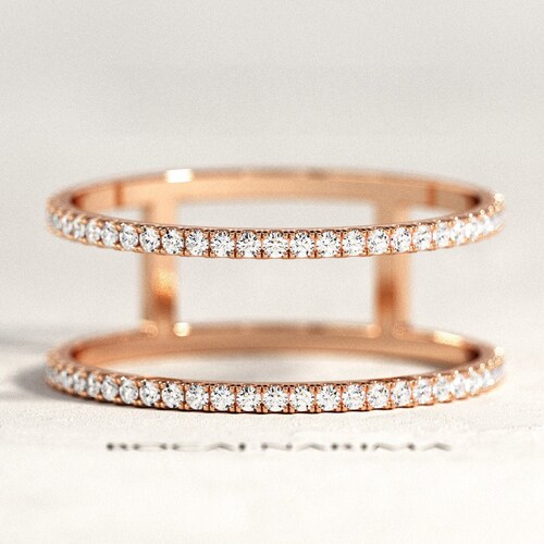 Double Row Diamond Ring / Yellow Gold Double Row Diamond - Etsy