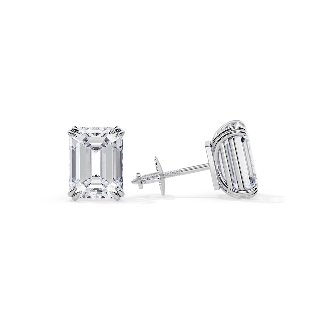 3 Carat Emerald Cut Lab Grown Diamond Stud Basket Earrings / VVS2-F ...