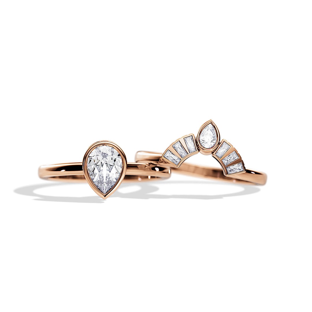 Bezel Bridal Set / 1 Carat Pear Cut Moissanite Engagement Ring Set ...