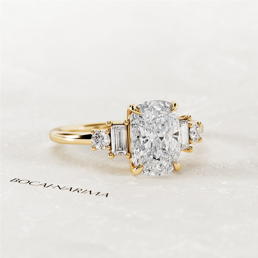 2 Carat Elongated Cushion Lab Grown Diamond Five Stone Engagement Ring ...