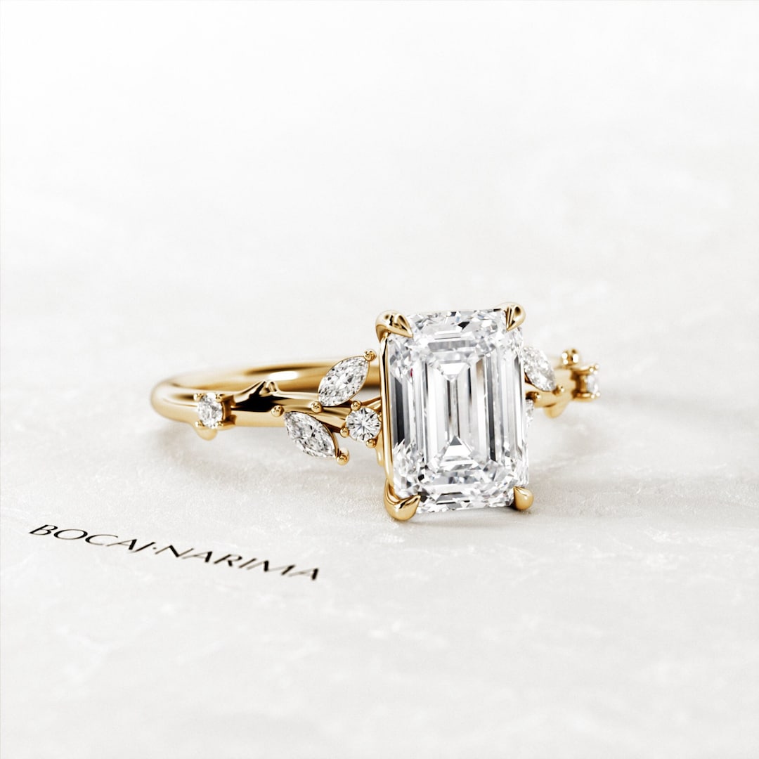 1.5 Carat Emerald Cut Lab Grown Diamond Twig Engagement Ring / Yellow ...
