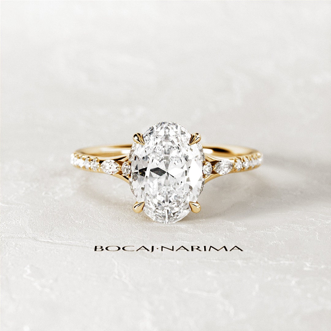 2 Carat Oval Lab Grown Diamond Nature Inspired Engagement Ring / Hidden Halo Oval CVD Diamond ...