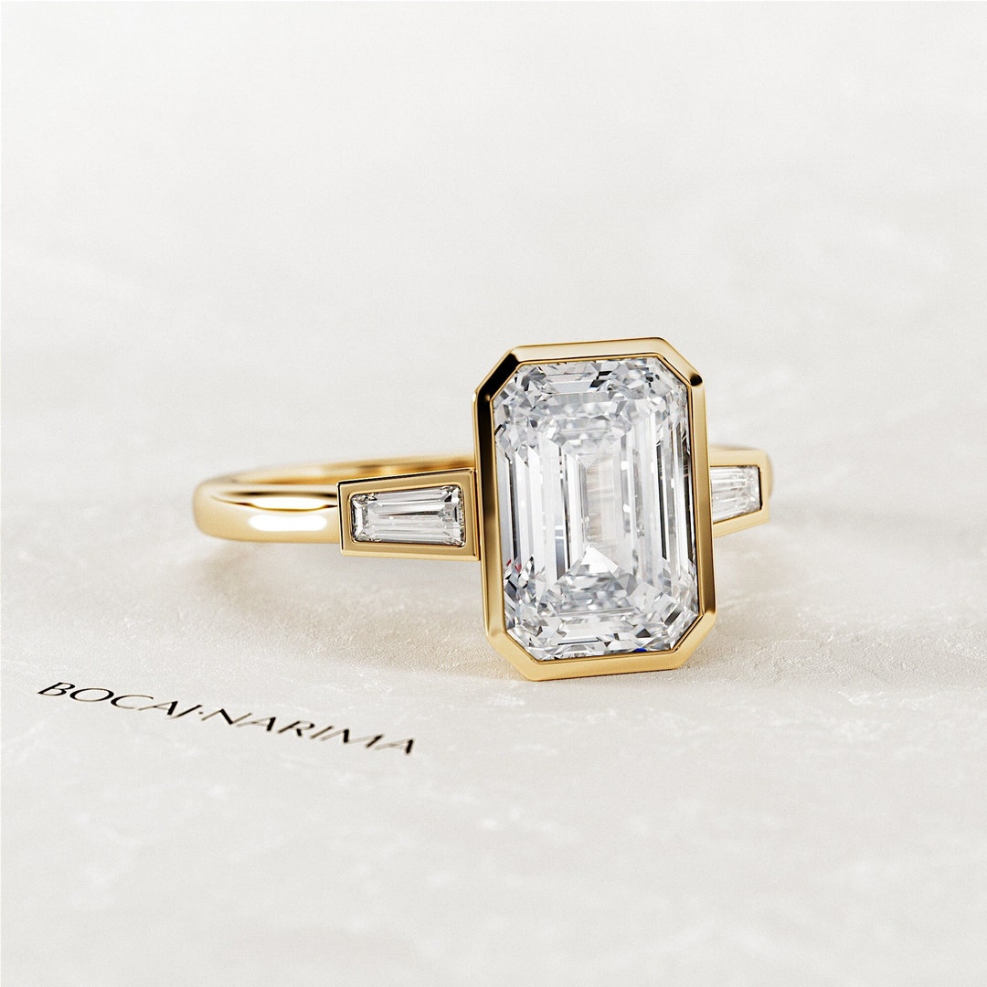 2 Carat Emerald Cut Lab Grown Diamond Art Deco Engagement Ring / Yellow ...