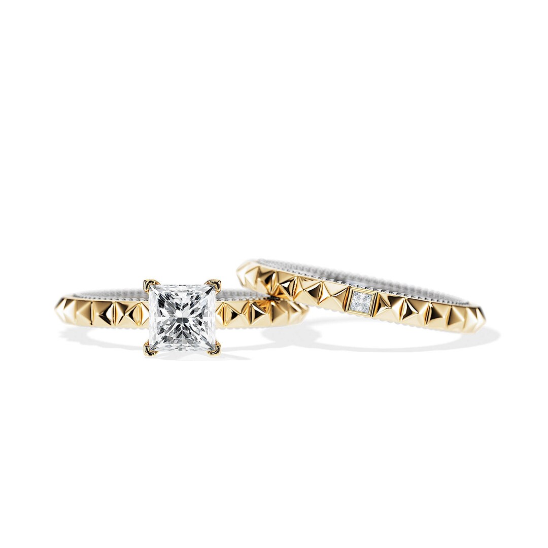 1 CT Princess Cut Moissanite Pyramid Ring / Two Tone Bridal Set ...