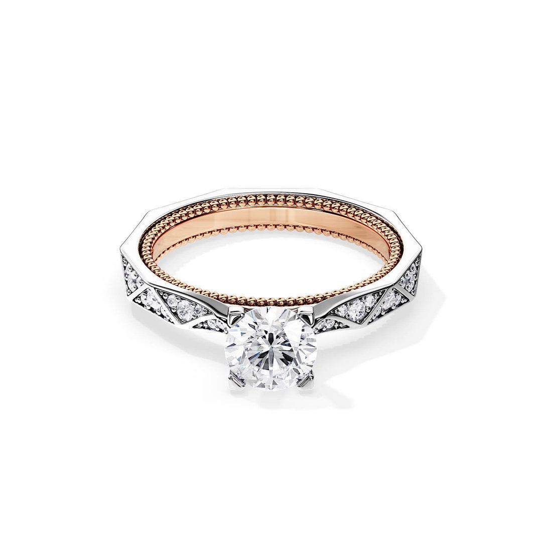 1 Carat Moissanite Two Tone Ring / Pyramid Engagement Ring / Vintage ...