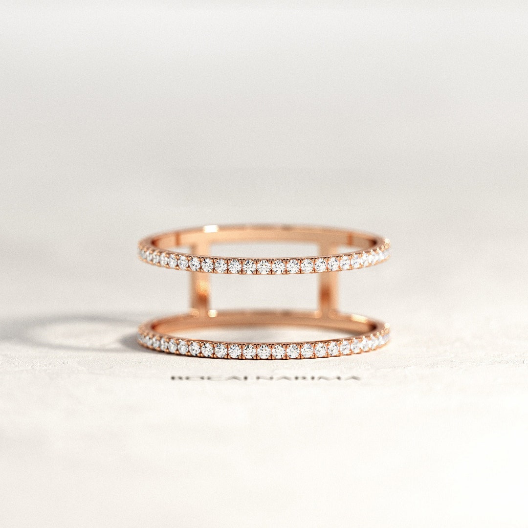 Double Row Diamond Ring / Yellow Gold Double Row Diamond Wedding Band ...