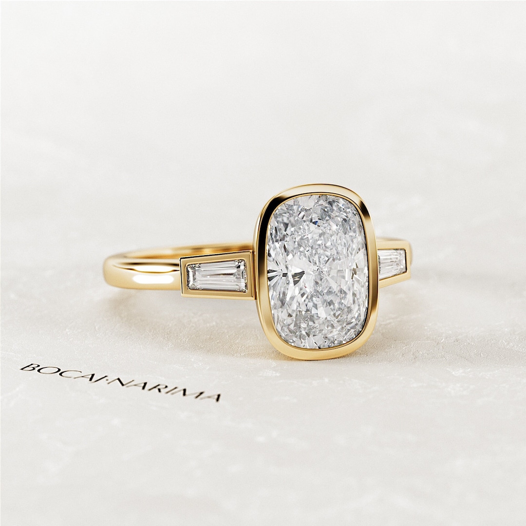 2 Carat Elongated Cushion Lab Grown Diamond Bezel Set Engagement Ring ...