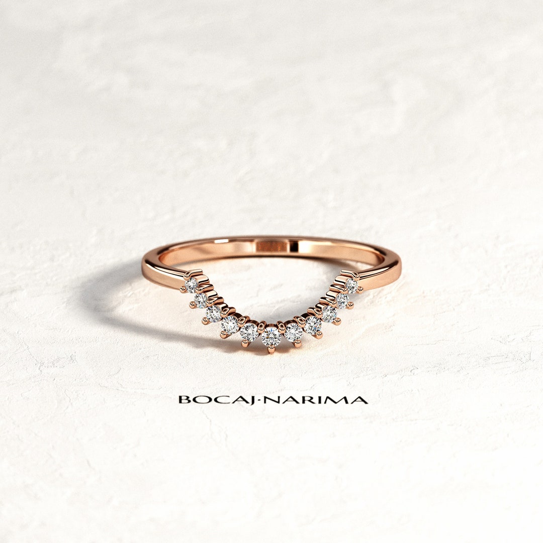 Curved Wedding Band / Chevron Pave Wedding Ring / 14K or 18K Rose Gold ...