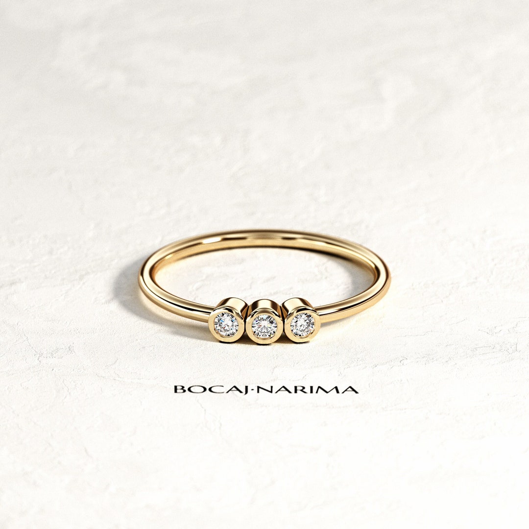 Trio Diamond Ring / 3 Stone Bezel Ring / 14K,18K Gold 3 Stone Wedding ...