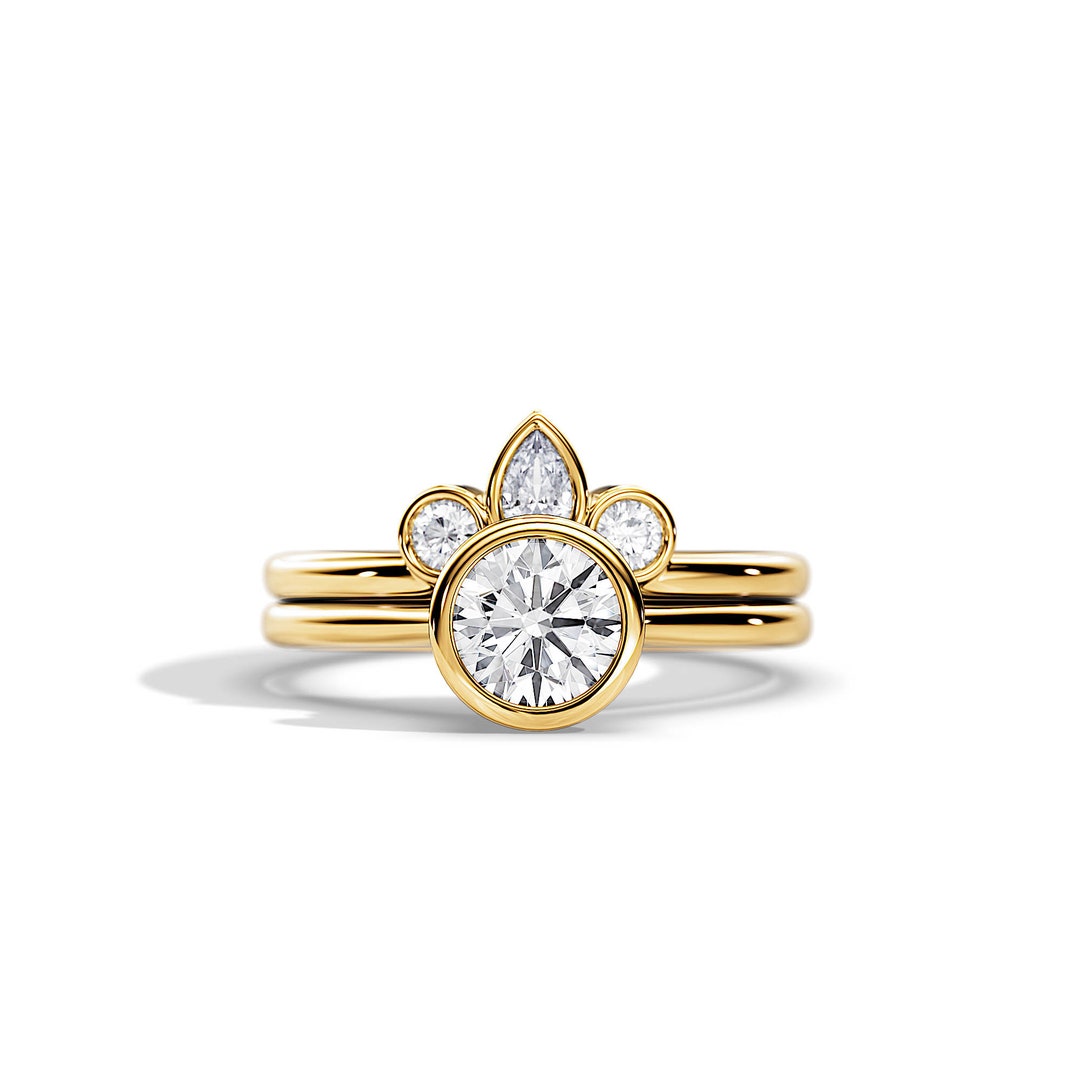 Bezel Set Engagement Ring Set / Art Deco Bridal Set / Yellow Gold Crown ...