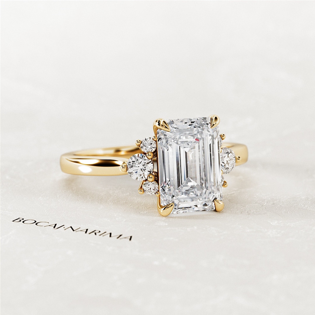 2 Carat Emerald Cut Lab Grown Diamond VVS2 E Cluster Engagement Ring ...