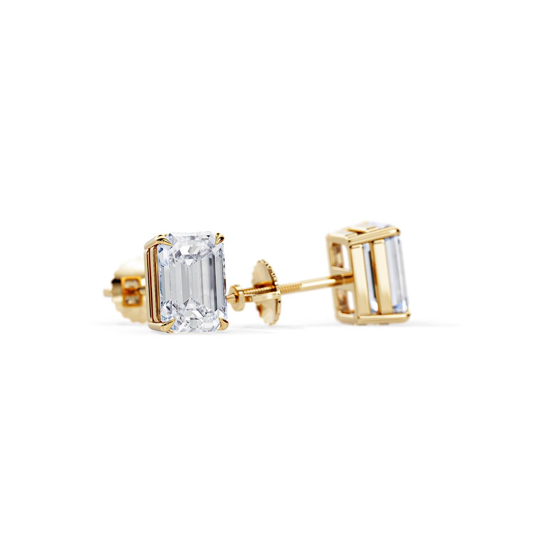 2 CT Emerald Cut Diamond Earrings / Basket Stud 14K Gold Earrings ...