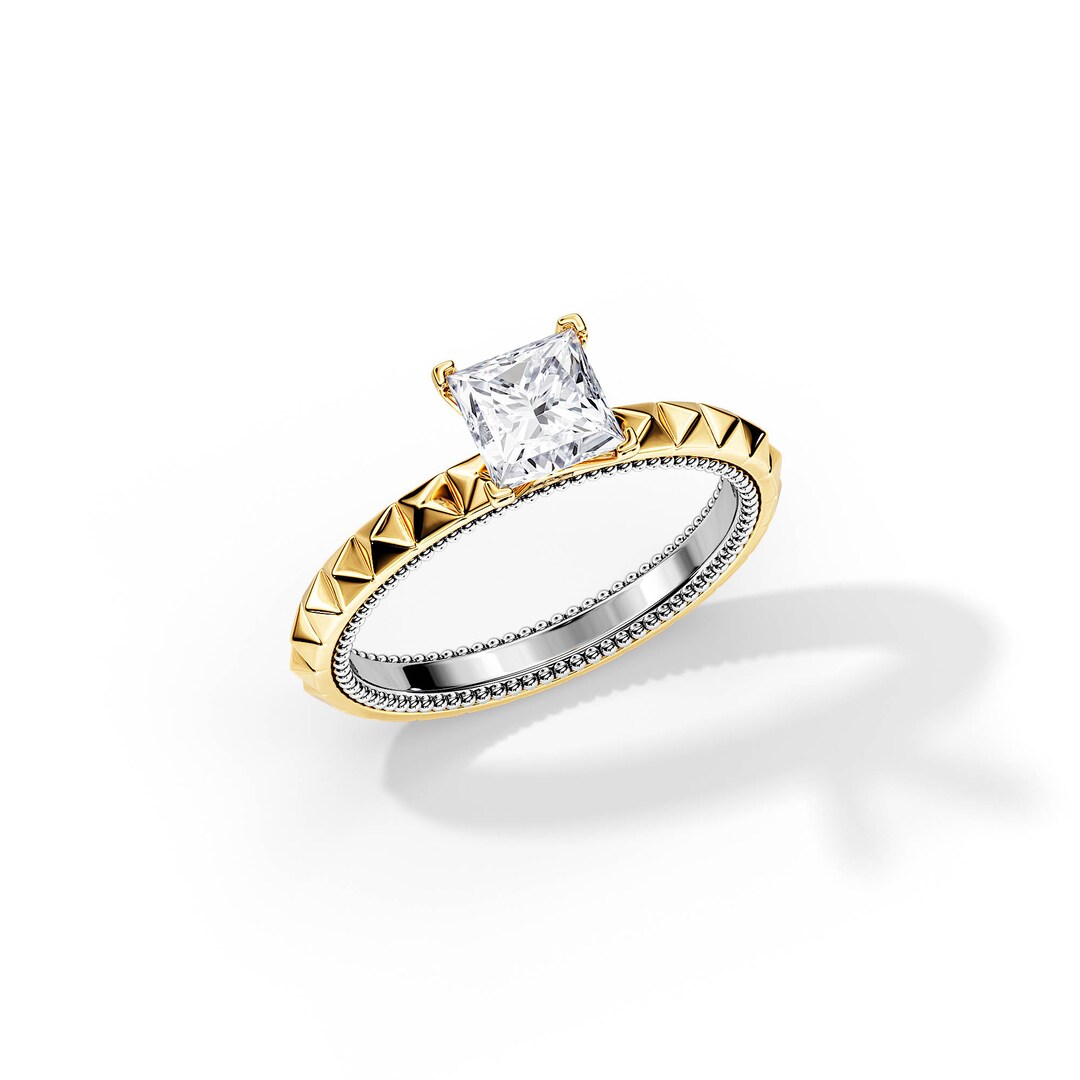 Natural Diamond Pyramid Engagement Ring / Two Tone Engagement Ring ...