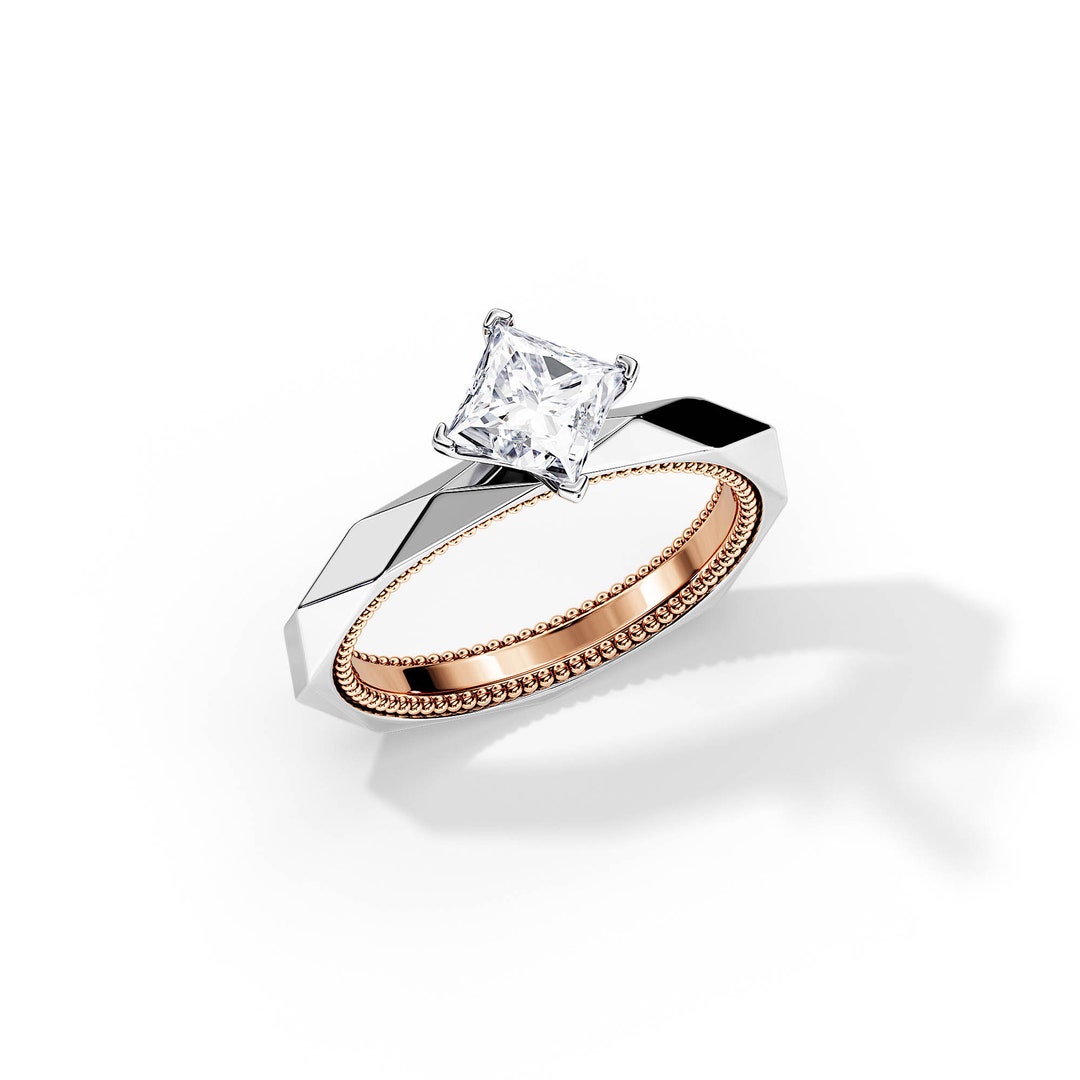 1.0 CT Princess Cut Moissanite Ring / Two Tone Engagement Ring ...