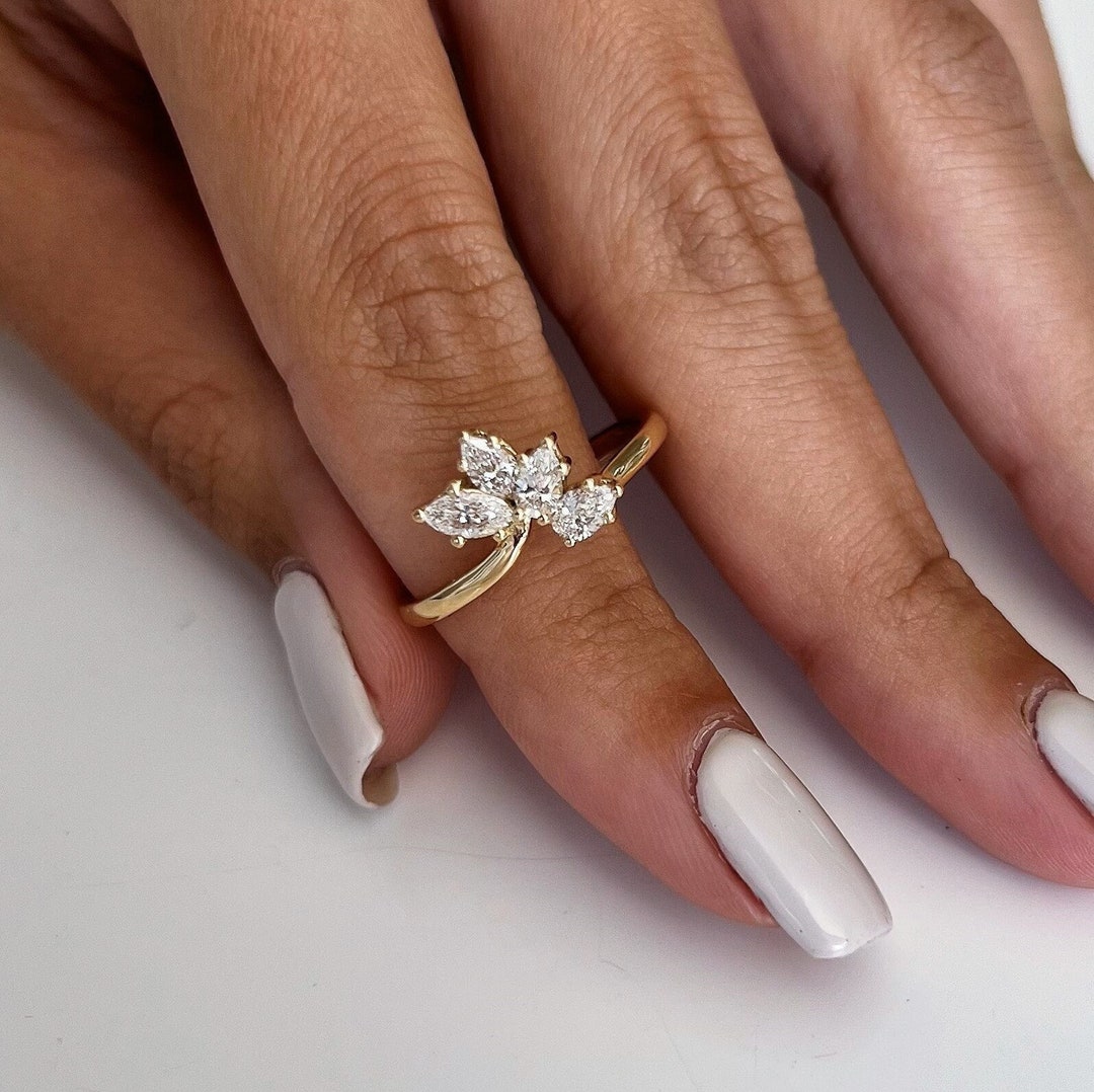 Unique Nested Diamond Wedding Band / Pear and Marquise Diamonds / 14K ...