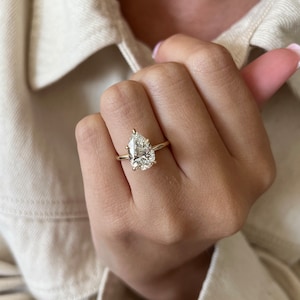 3 CT Pear Shape Lab Grown Diamond Engagement Ring / 5 Prong Tear CVD Diamond Solitaire Ring in ...