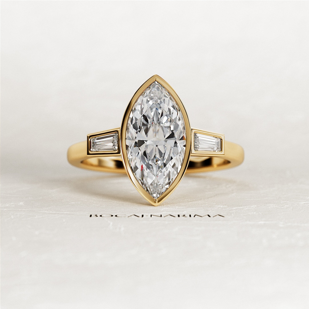 2 Carat Marquise Lab Grown Diamond Bezel Set Engagement Ring / Three ...