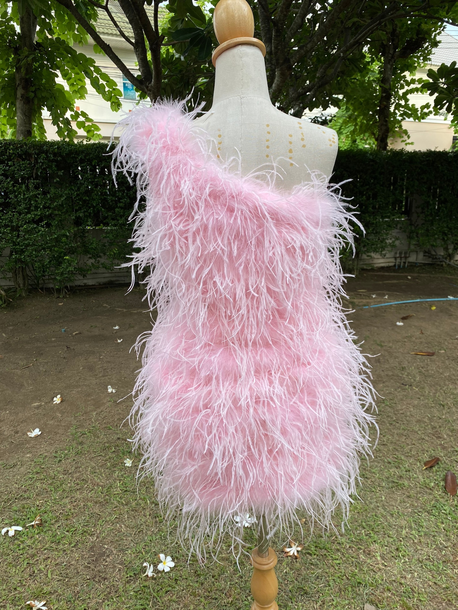 Pale Pink Boas Feathers One the Shoulder Mini Dress Wedding Guest Dress ...