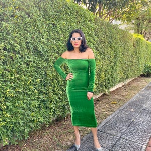 Amena Emerald Green Velvet off the Shoulder Midi Dress,christmas Outfit ...